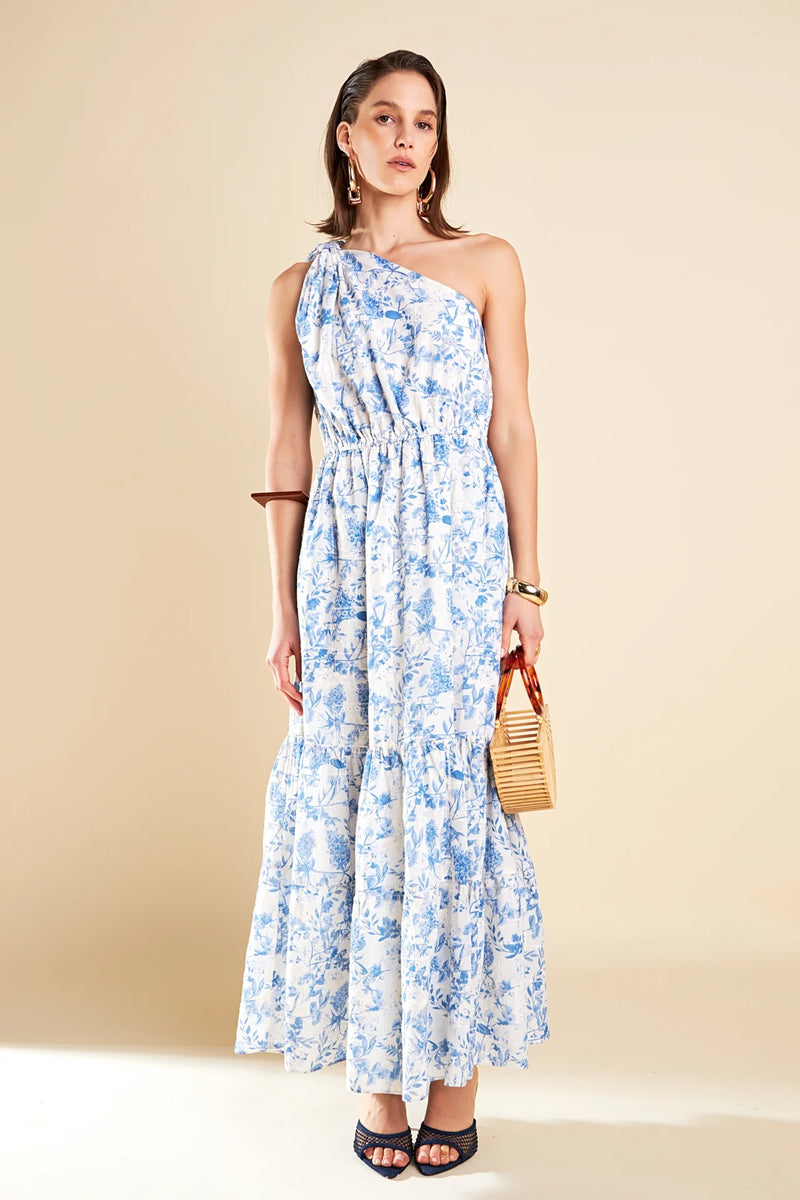 Floral One Shoulder Maxi Dress In Blue Barlow And Browning