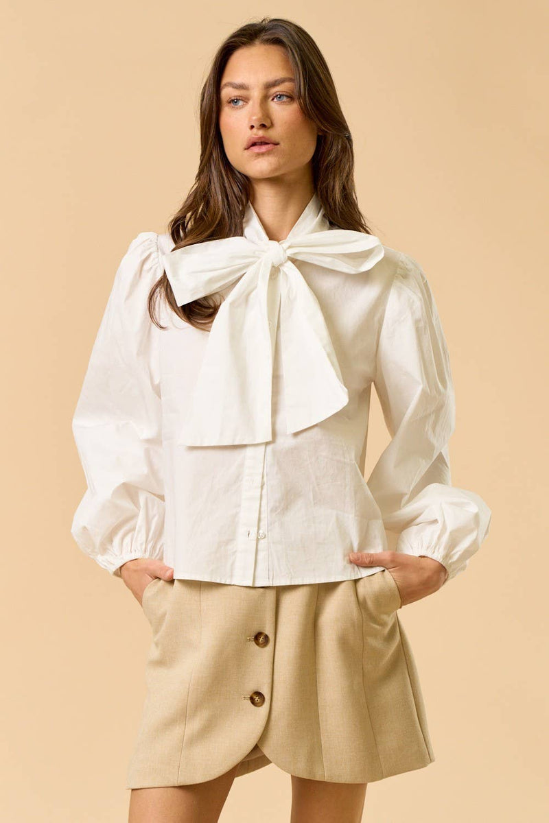 Ribbon-Tie Button Down Top with Puff Sleeves in Soft White – Barlow and ...